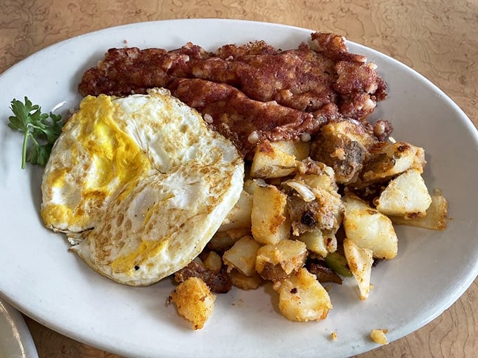 Corned beef hash with eggs sunny-side up&mdash;the breakfast equivalent of finding money in last year's winter coat.