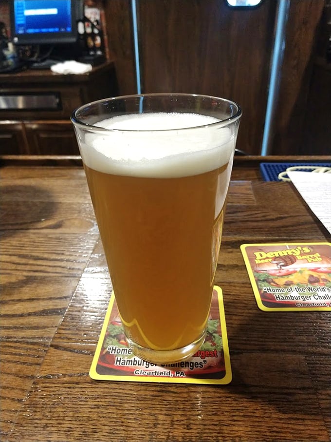 A proper beer in its natural habitat &ndash; amber liquid gold waiting to help wash down whatever mammoth creation you've just ordered.