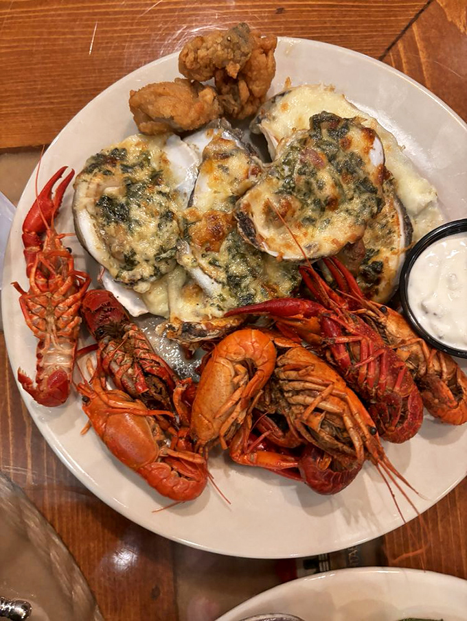 A seafood lover's dream plate: Oysters Rockefeller, crawfish, and fried bites creating a symphony of flavors that hits every delicious note from the coastal songbook.