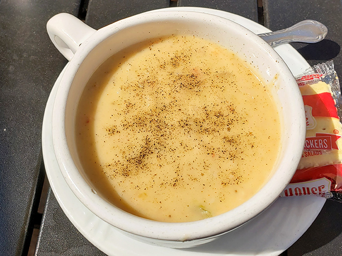 Cream of crab soup that's basically a warm hug in a bowl. Spoons have been known to disappear at alarming rates here.