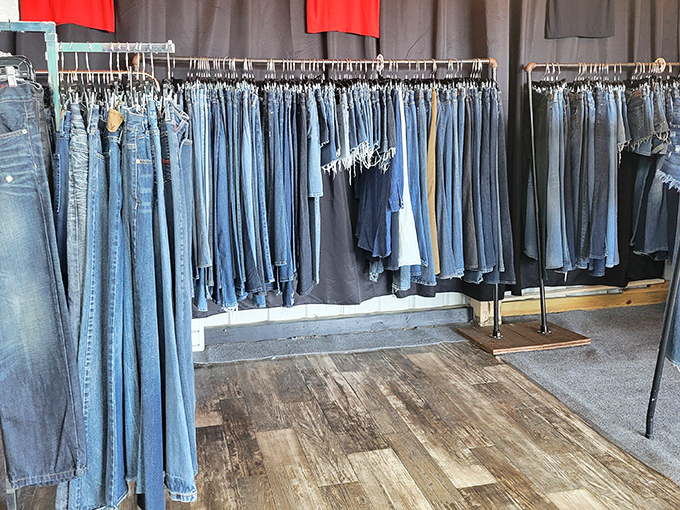 Denim democracy in action &ndash; where jeans of every wash, cut, and destiny hang together in blue harmony, waiting for their forever homes.