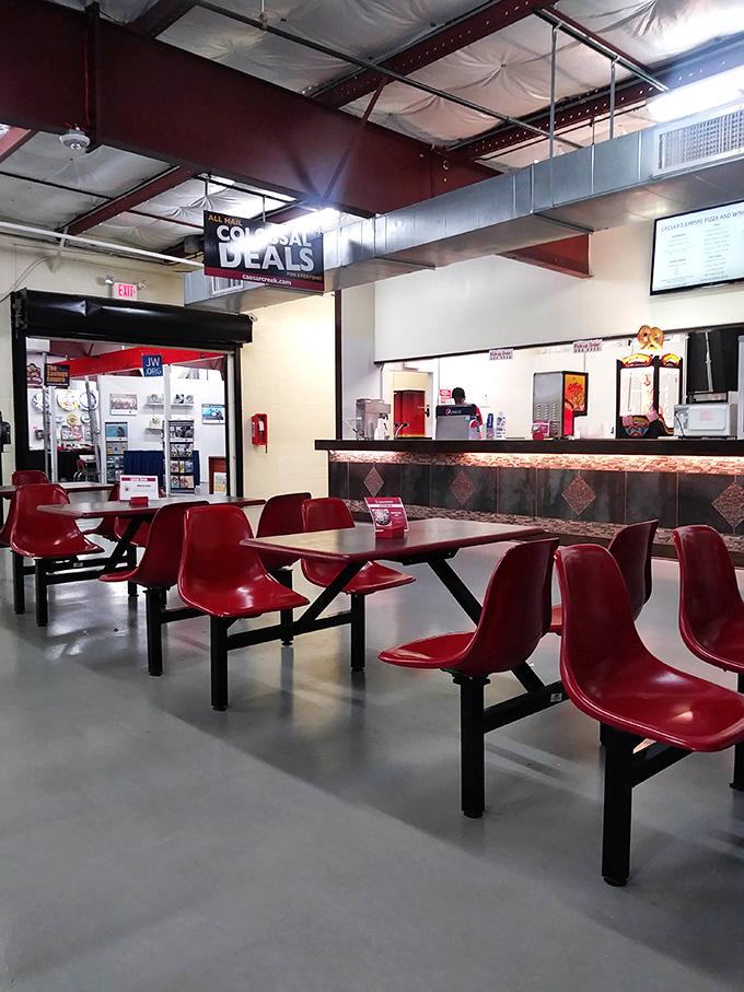 Those red seats in the dining area offer the perfect spot to rest your treasure-hunting feet and refuel properly.