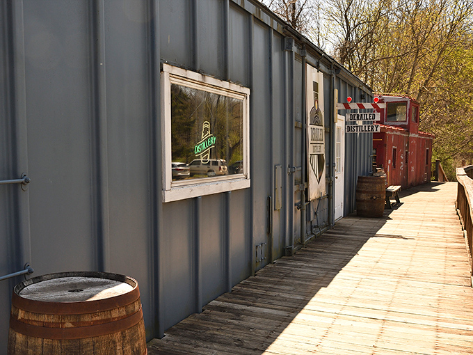 Rustic barrels outside the distillery promise liquid gold within. This boardwalk might be the happiest wooden path you'll ever stroll down.
