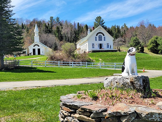 Dog Mountain's white chapel and canine sentinel create a uniquely Vermont tableau, where four-legged friends are always welcome pilgrims.