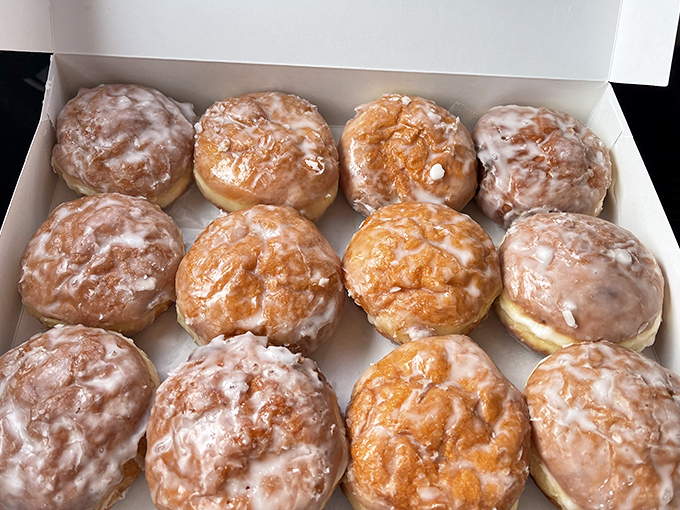 Glazed donuts lined up like sweet soldiers ready for duty. The kind of breakfast indulgence that makes Monday feel like Saturday.
