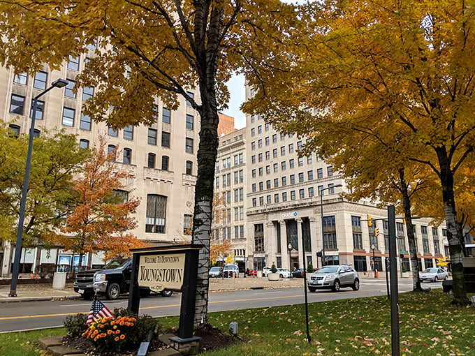 Fall foliage frames downtown Youngstown perfectly, nature's way of highlighting architecture that would cost a fortune in bigger cities.