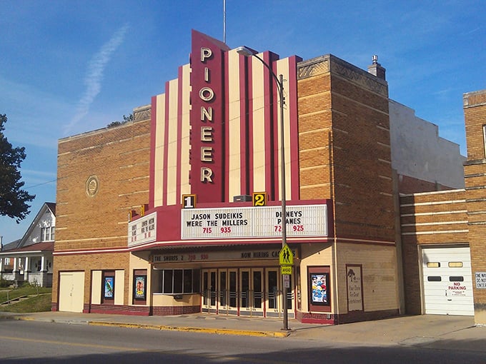The Pioneer Theatre's Art Deco marquee beckons moviegoers just as it has for generations of date nights gone right.