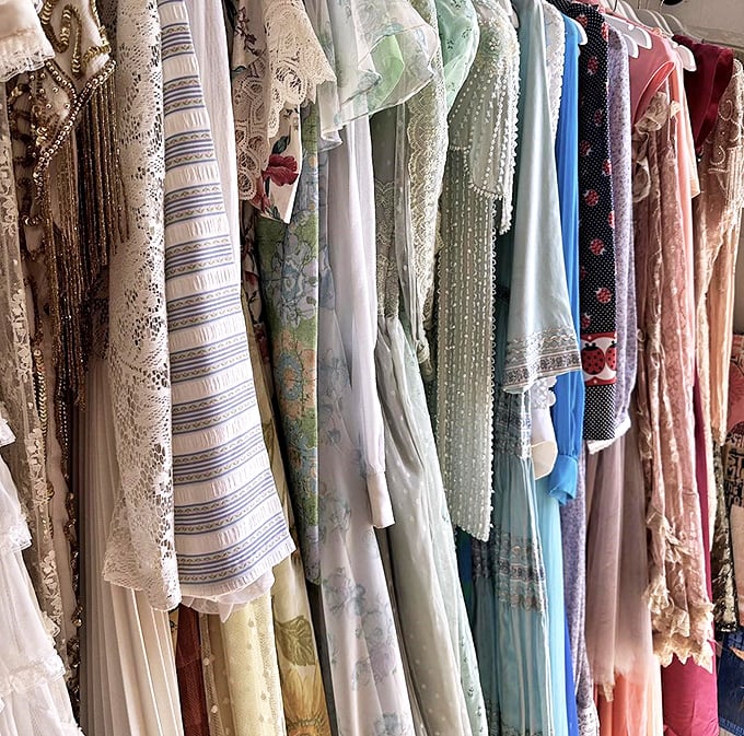 Vintage dresses and delicate fabrics line the racks like a costume department for the movie of your life. 