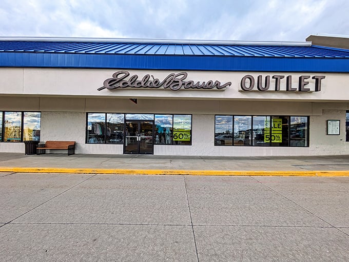 Eddie Bauer's blue-roofed haven of outdoor gear, where Midwest practicality meets mountain adventure aspirations.
