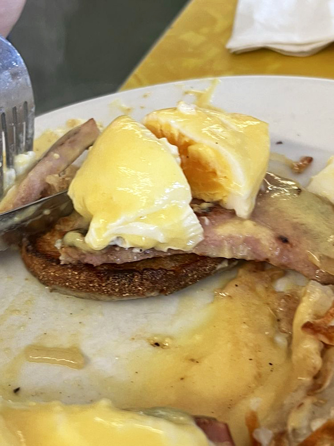 Eggs Benedict done right is poetry on a plate—these poached eggs draped in hollandaise tell a story of breakfast perfection.