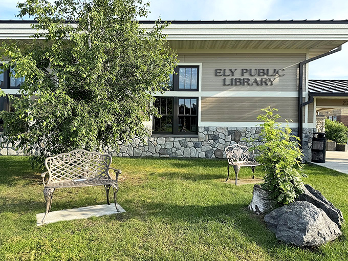 Ely's Public Library proves that even in the wilderness, the pursuit of knowledge gets a comfortable, stone-accented home with inviting reading benches.