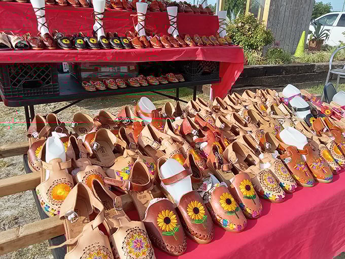 Not your average footwear! These hand-embroidered leather shoes transform an everyday necessity into wearable art with sunflower motifs stealing the show.