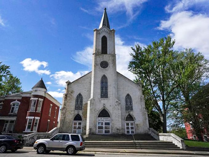 The historic church stands like a limestone sentinel, watching over generations of Logansport residents. Sunday best has a different meaning here.