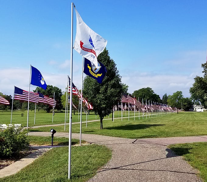 Fantle Memorial Park's avenue of flags creates a patriotic tapestry, where South Dakota's prairie winds bring Old Glory to life in a moving display.