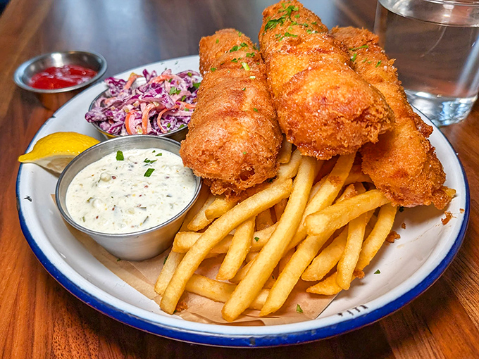 Fish and chips that would make a British pub jealous&mdash;crispy, golden batter protecting flaky white fish, with fries that deserve their own fan club.
