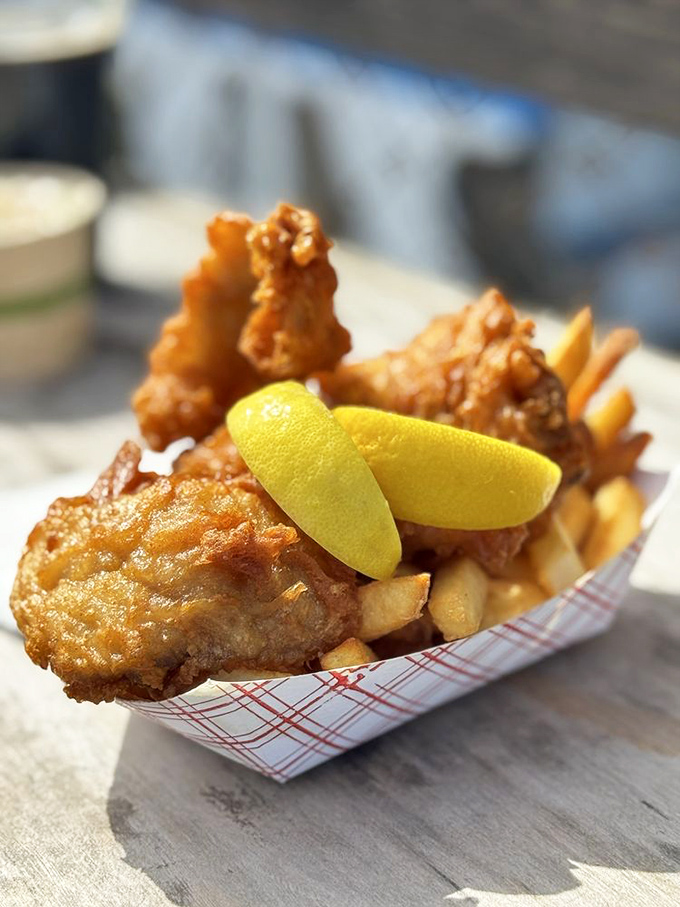 Golden-battered fish atop a bed of fries&mdash;the platonic ideal of fish and chips. This is what the sea intended when it created cod.