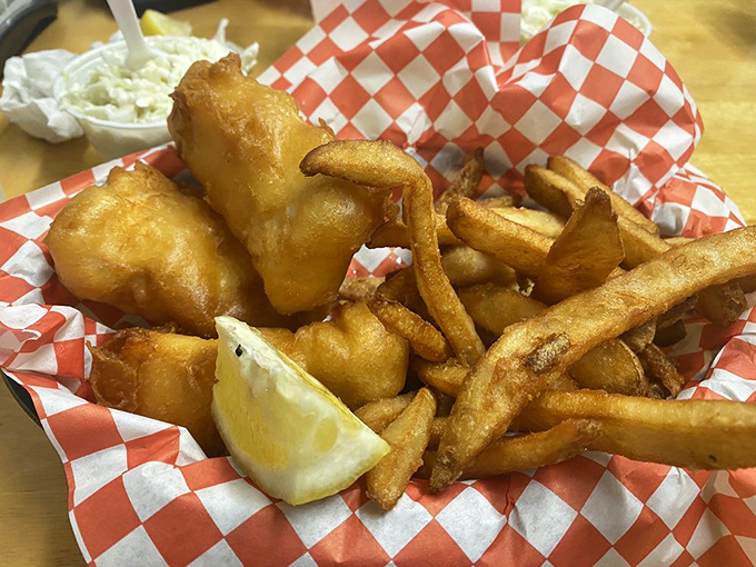 Golden-battered fish with perfectly crisp fries&mdash;the kind of basket that makes you forget you're 1,000 miles from any coastline.