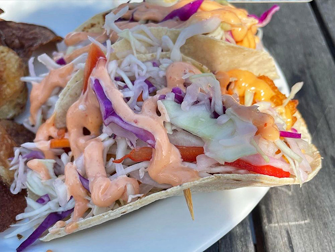 Fish tacos with a rainbow of fresh slaw&mdash;proof that Maine knows how to fiesta with finesse.