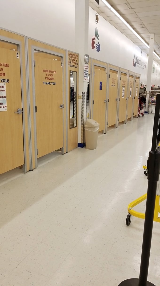 The fitting room corridor&mdash;where fashion dreams face their moment of truth. "Does this vintage jacket make me look like a movie star or a time traveler?"