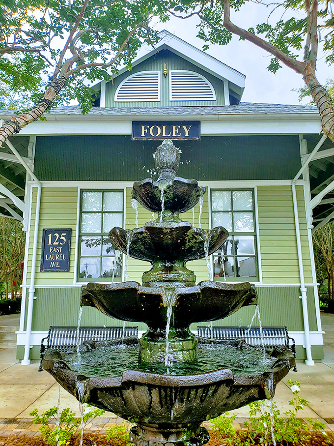 This charming green building with its tiered fountain offers a moment of serenity in downtown Foley&mdash;the soundtrack of trickling water included free of charge.
