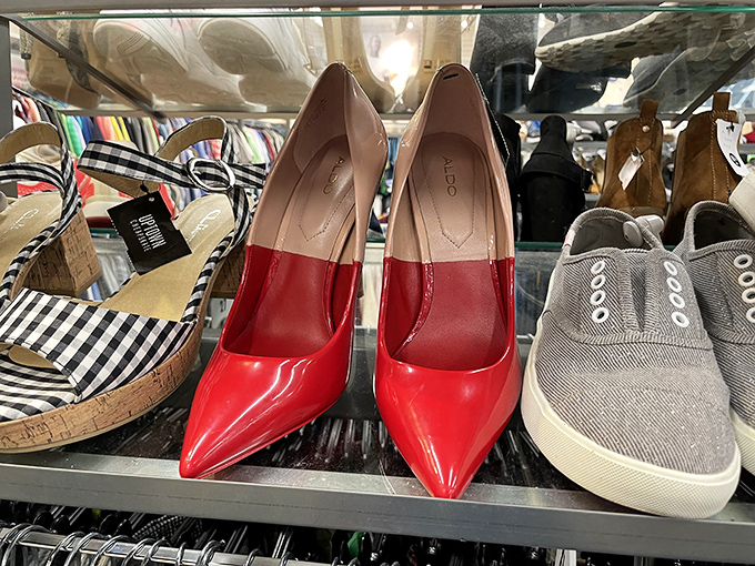 From cherry-red power pumps to casual canvas slip-ons, the footwear section offers everything from boardroom-ready to beach-bound styles.
