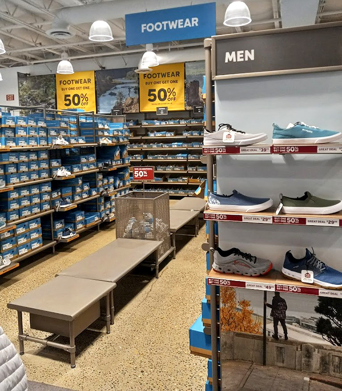Shoe shopping nirvana with benches strategically placed for when your bargain-hunting stamina needs a quick recharge.