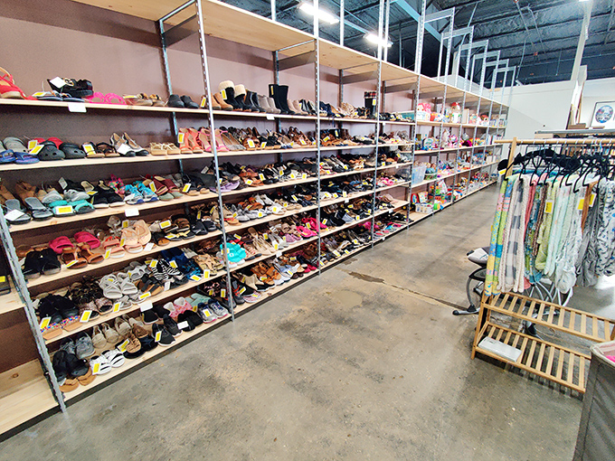 If Imelda Marcos had discovered thrifting, she'd have camped out here. Rows of footwear waiting for their Cinderella moment at a fraction of retail therapy prices.