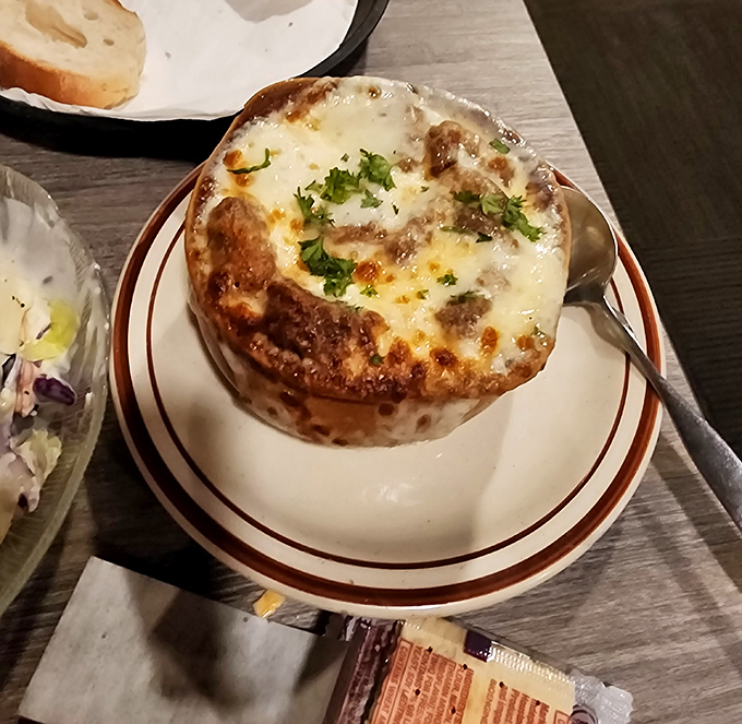 French onion soup that's wearing a melted cheese hat&mdash;because even the food in Wisconsin shows team spirit.