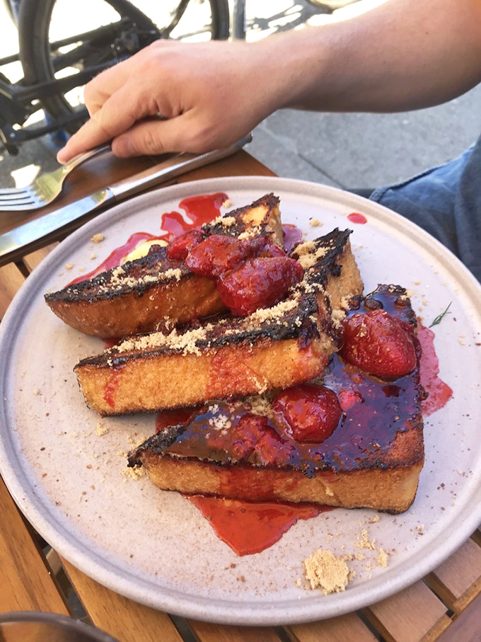 French toast that's crossed the line from breakfast to dessert, with no regrets whatsoever. The fruit makes it healthy, right?
