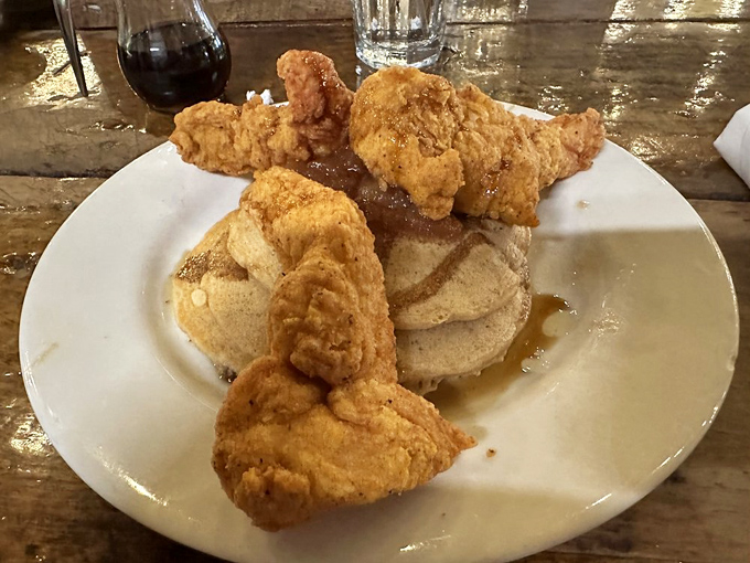 Another angle on chicken and waffles perfection &ndash; where the syrup meets the seasoning in a flavor combination that should be illegal in at least twelve states.