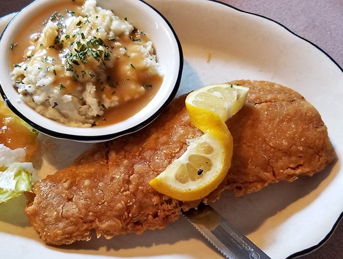 Fried flounder that tastes like it just had a quick dip in the fryer before landing on your plate. Simple perfection with a squeeze of lemon.