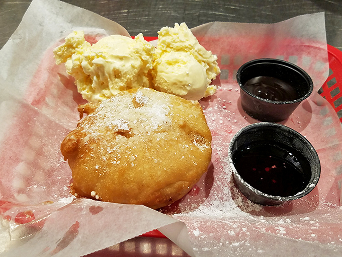 Fried dessert perfection! This deep-fried PB&J with ice cream proves Dyer's magic grease transforms everything it touches into something extraordinary.