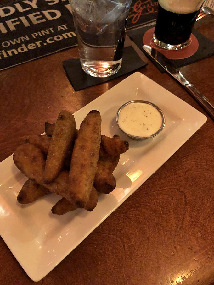 Fried pickles with a dipping sauce that makes you wonder why you've wasted years eating plain pickles like some kind of savage. 