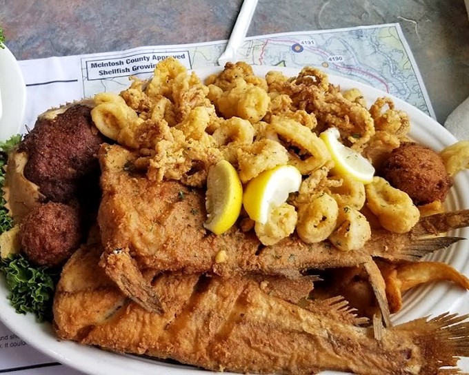 The seafood sampler of your dreams! Fried shrimp, flounder, and hushpuppies create a holy trinity of Southern coastal cuisine.