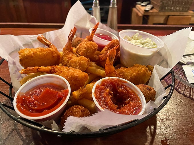Fried seafood that snaps with freshness. The basket arrives like a treasure chest of golden delights, with dipping sauces that deserve their own fan club.
