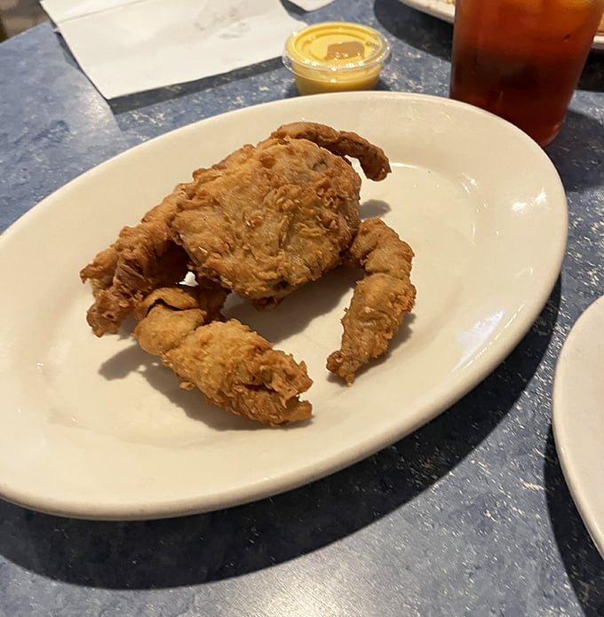 Nature's perfect design, improved only by a golden jacket. This soft shell crab wears its crispy coating like formal attire.