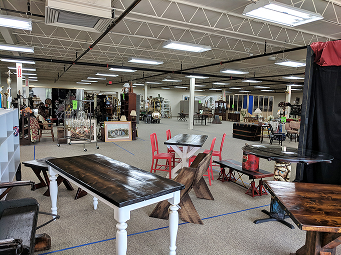 Farm tables that have hosted thousands of family dinners now wait for new homes. If wood could talk, these pieces would be bestselling authors.
