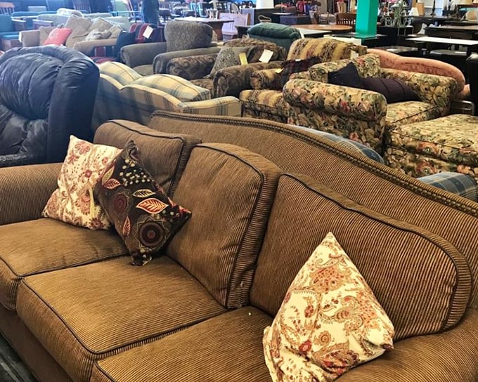 A sea of sofas in various states of fashion currency&mdash;from "my grandmother had that exact pattern" to "that would look perfect in my apartment."