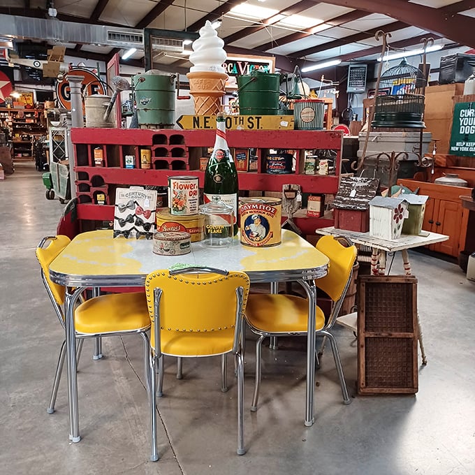 From above, the organized chaos reveals itself as a carefully orchestrated symphony of America's material past.