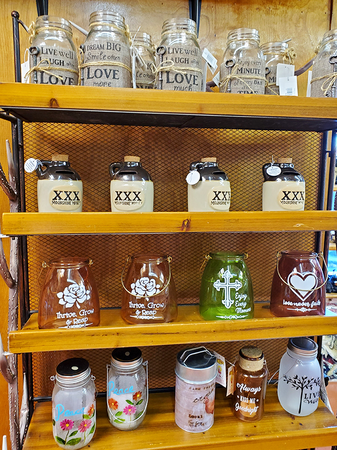 Mason jars with inspirational sayings and moonshine jugs that promise to bring Tennessee spirit back to your kitchen shelf.