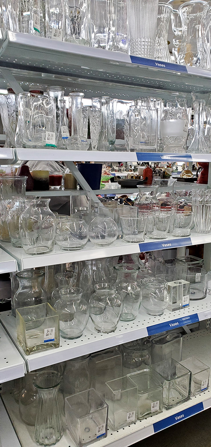 Crystal clear opportunities! The glassware section gleams with potential dinner party stars, from everyday tumblers to statement-making vases.