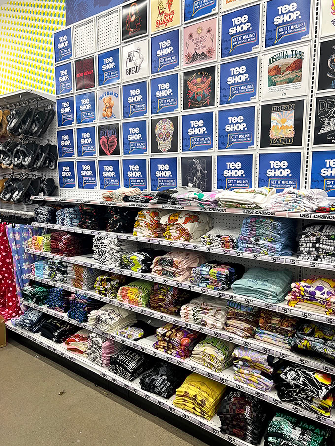 T-shirt nirvana where personality meets cotton. The wall of graphic options ensures everyone finds their perfect conversation starter.