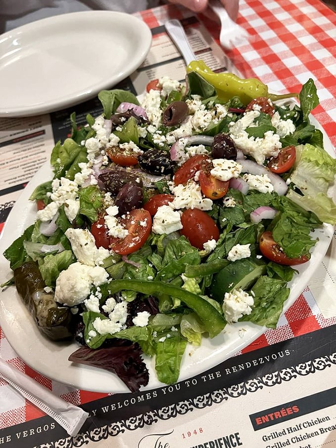 A Greek salad that somehow makes perfect sense in a barbecue joint. Fresh, vibrant, and ready to balance all that smoky meat you're about to devour.