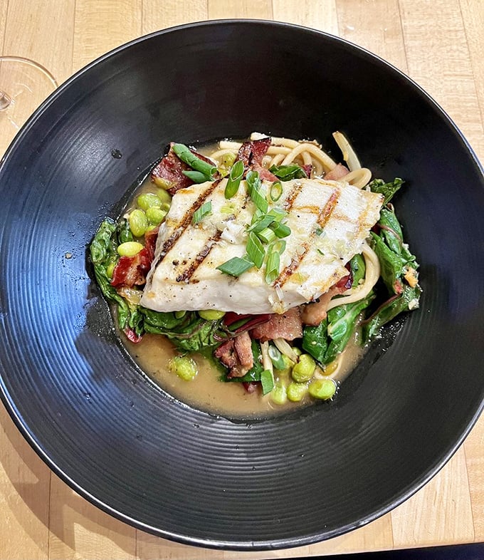 A beautifully plated dish! Fresh, perfectly grilled, and surrounded by amazing flavors. Eating well on the Oregon coast!