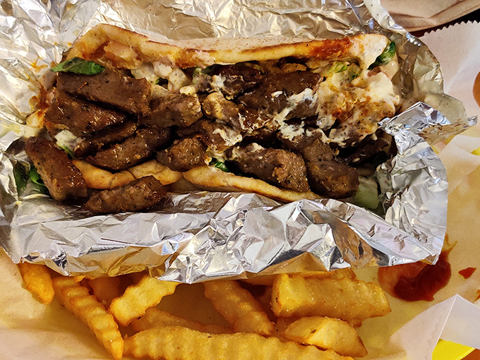 The gyro wrap, where seasoned meat meets fresh veggies in a warm embrace, served with fries that could make a Frenchman jealous.