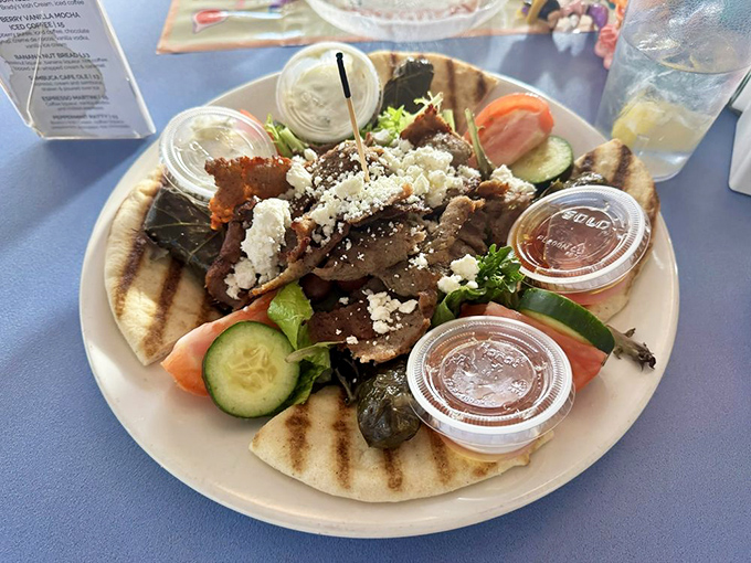 The gyro plate – where Greece meets Connecticut in a flavor explosion that would make Zeus himself put down his lightning bolt and grab a fork.
