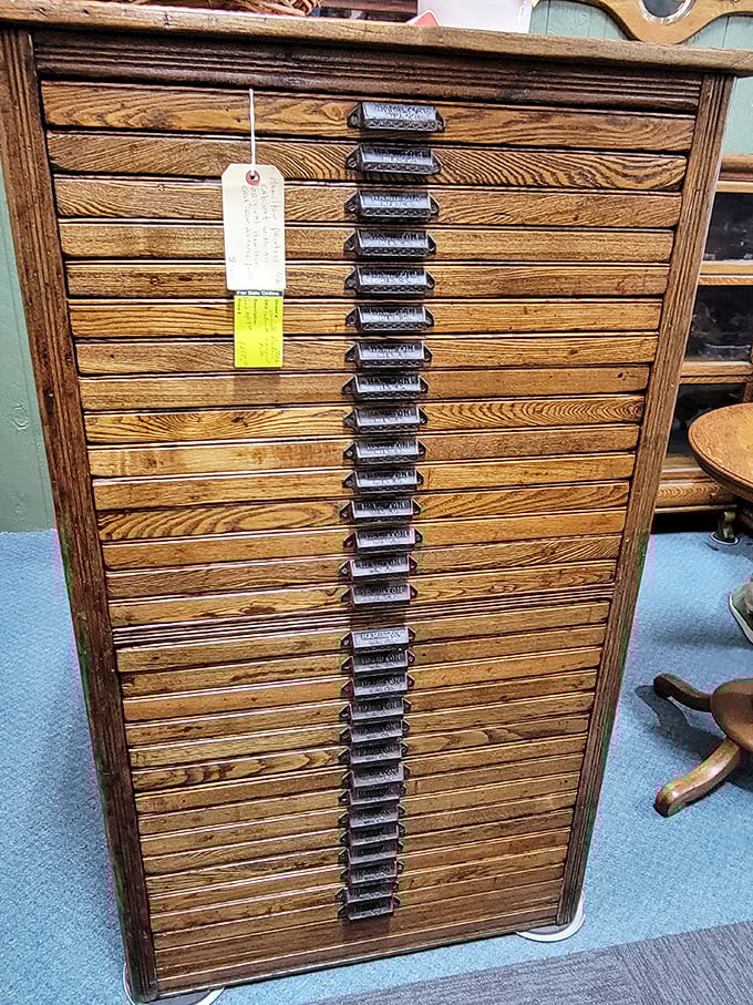 This magnificent Hamilton printer's cabinet features dozens of perfectly preserved drawers. Once organized letters for printing; now organizes collectors' hearts into "must-have" territory.