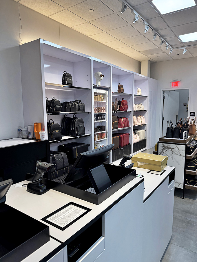 Sleek minimalism meets luxury at this handbag counter, where wallets go to empty themselves in the most stylish way possible.