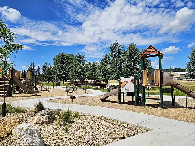 Even the playground equipment in Harbach Park gets that backdrop of pine-covered hills&mdash;kids here don't know how good they've got it.