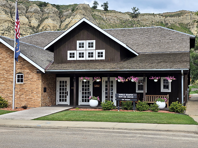 The Harold Schafer Heritage Center welcomes visitors with hanging flower baskets that say "Howdy" more effectively than any doormat could.